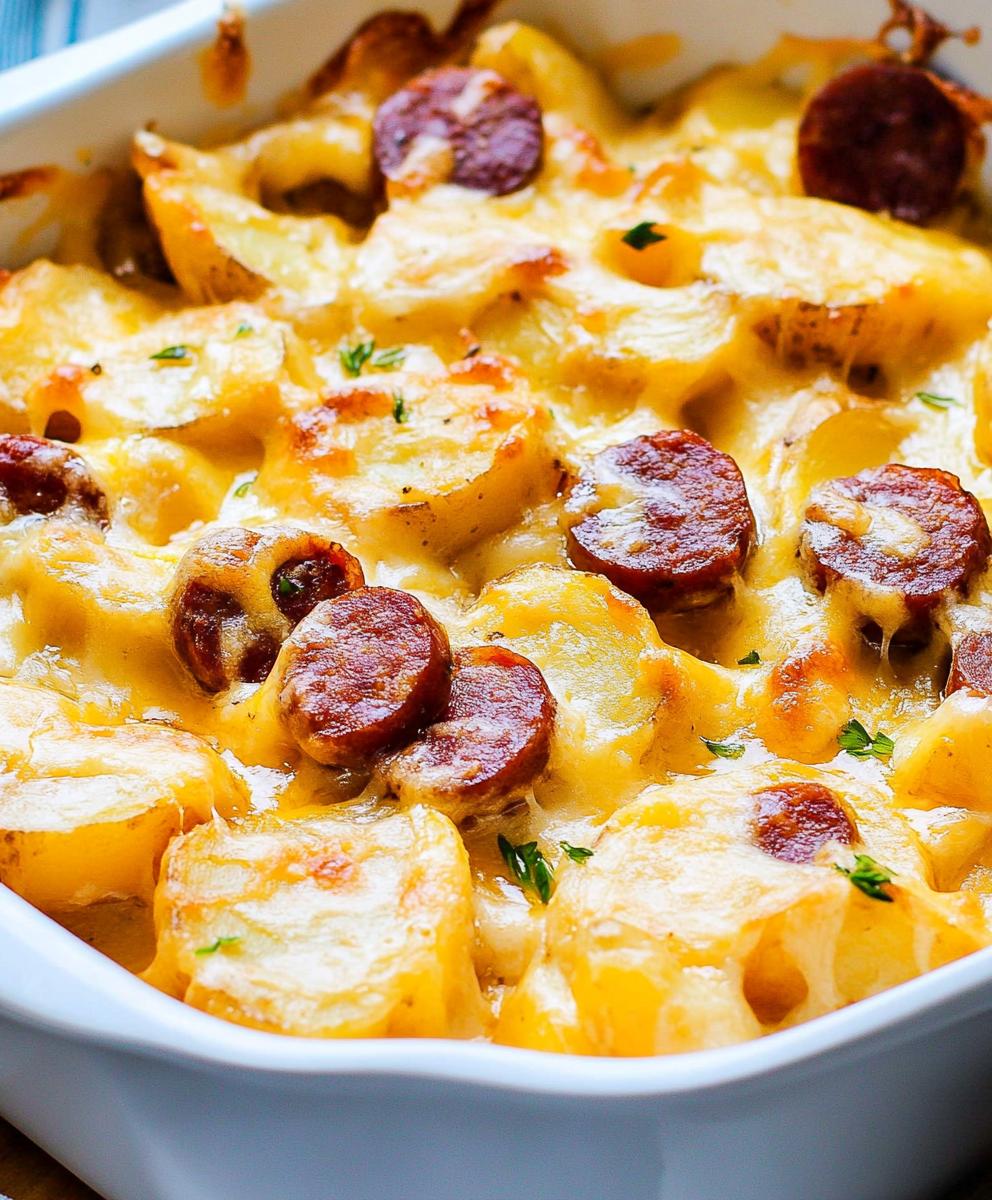 Cheesy Potatoes With Smoked Sausage Recipe - dailydishrecipe.com