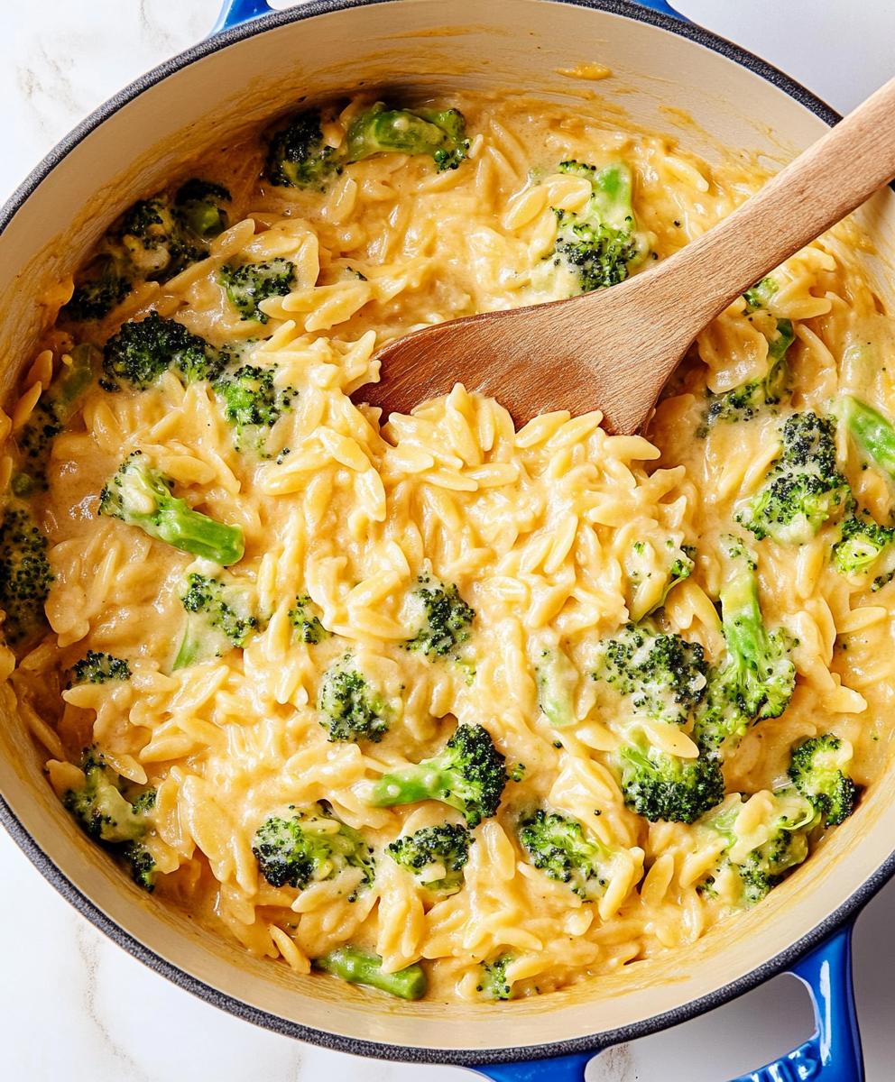 Creamy One-pot Broccoli Cheddar Orzo Recipe - dailydishrecipe.com