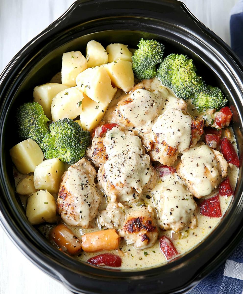 Slow Cooker Creamy Garlic Chicken And Veggies Recipe - dailydishrecipe.com