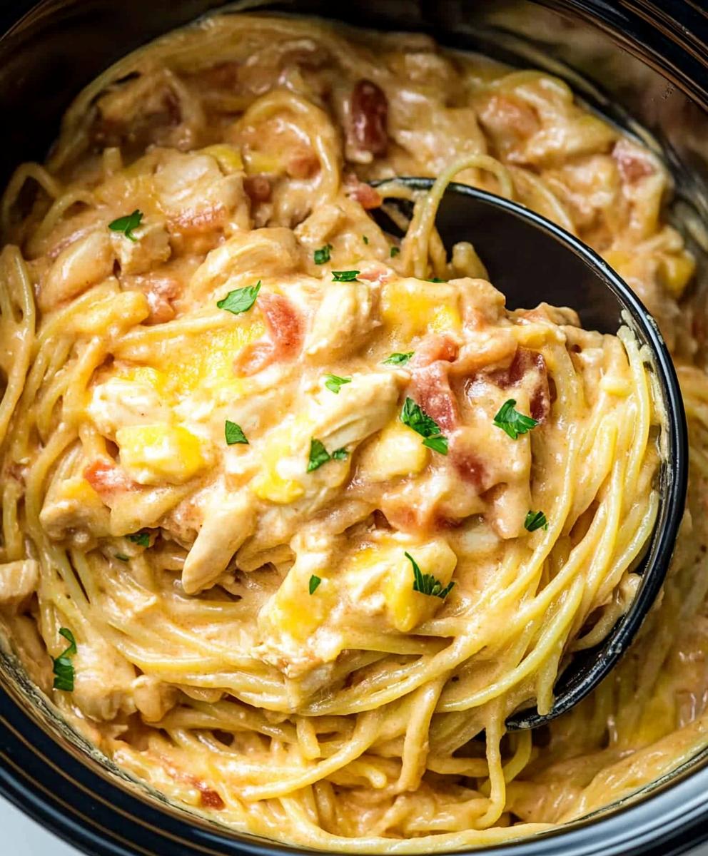Crockpot Cheesy Chicken Spaghetti Recipe - dailydishrecipe.com